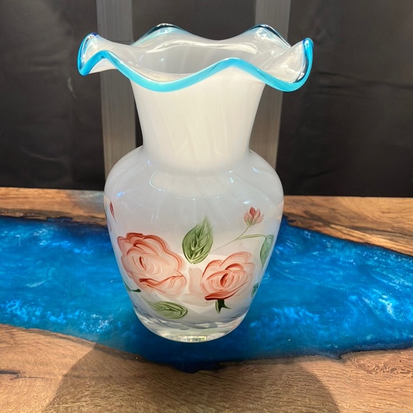Accents | Ruffle Top Hand Painted Rose Vase White Swirl Blue Fenton For ...
